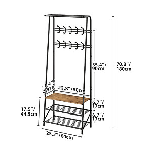 Coat Rack Shoe Bench with 10 Hooks, Hall Trees Entryway Bench with Storage, Multifunctional Hallway Organizer, Wood Look Accent Furniture with Metal Frame