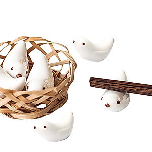 WAIT FLY Cute White Birds Shape Chopsticks Rest Set with Basket Spoon Stand for Knife Fork Holder, 3pcs/ 6pcs (6 Birds+Basket)
