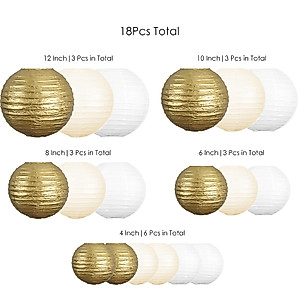 UNIQOOO 18PCS Metallic Gold Paper Lantern Wedding Decoration Set, Assorted Hanging Gold Japanese Paper Lantern, Reusable Easy Assemble, For New Year Christmas Birthday Baby Shower Party Favor Supplies