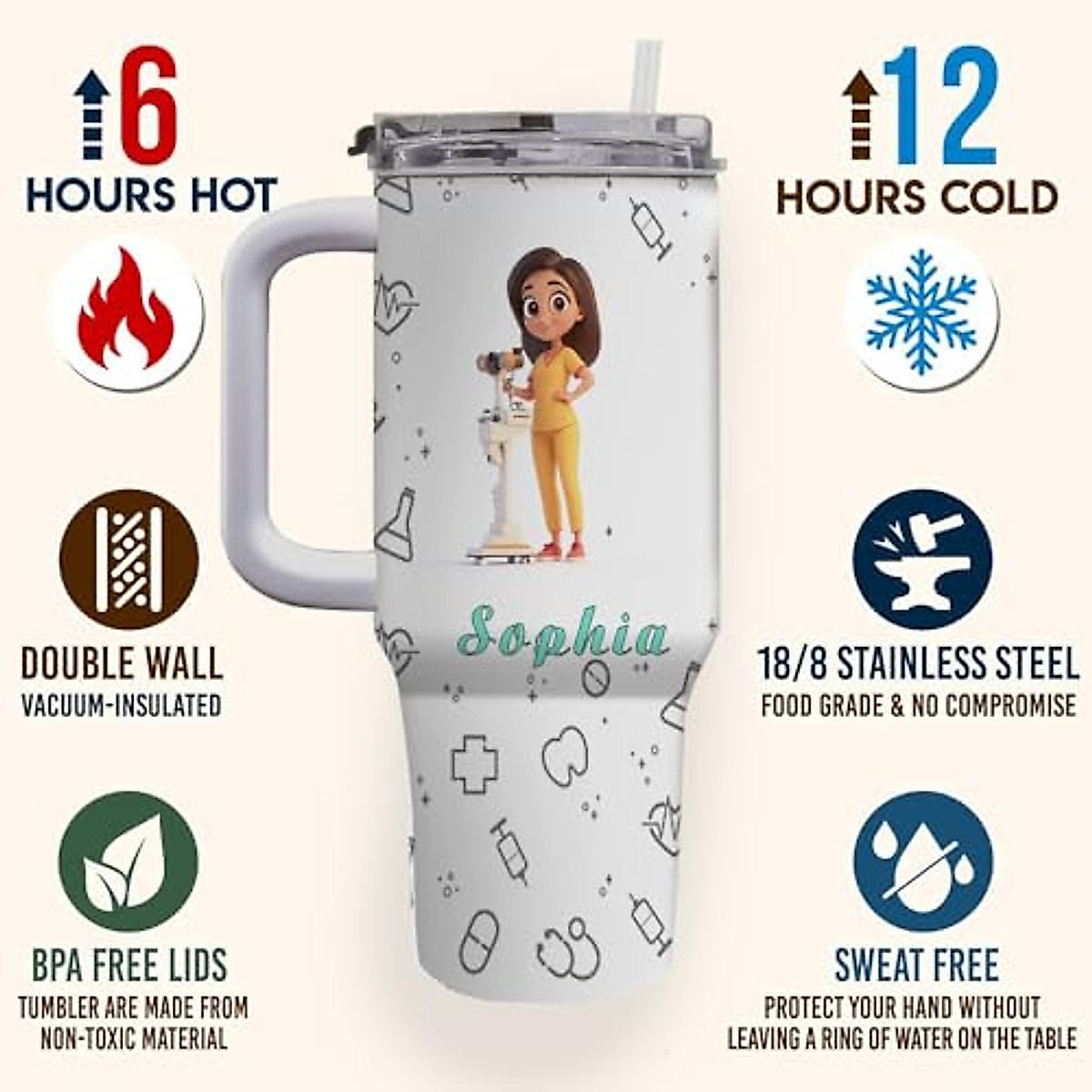 Personalized Nurse Tumbler 40oz -ophthalmology-Custom Name Insulated Travel Mug with Handle & Straw, Gift for Nurses, Medical Workers, Appreciation, Mother's Day nwAReq