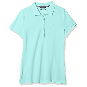 Nautica Women's 5-Button Short Sleeve Breathable 100% Cotton Polo Shirt, Aruba Blue, Large