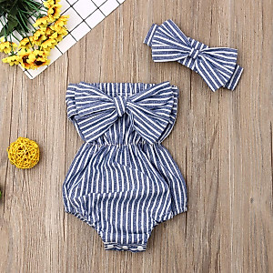 Newborn Kids Baby Girls Clothes Floral Jumpsuit Romper Playsuit + Headband Outfits (Blue Striped, 0-6 Months)