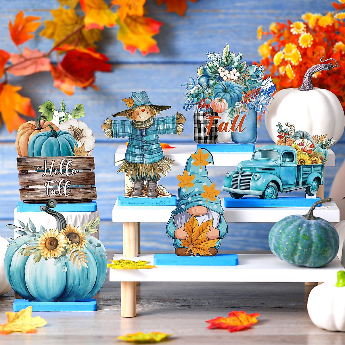 6 Pcs Thanksgiving Wooden Tabletop Decor Hello Fall Pumpkin Gnome Scarecrow Truck Wooden Table Signs Fall Table Decorations Centerpieces for Autumn Harvest Party Supplies(Classic,Blue)