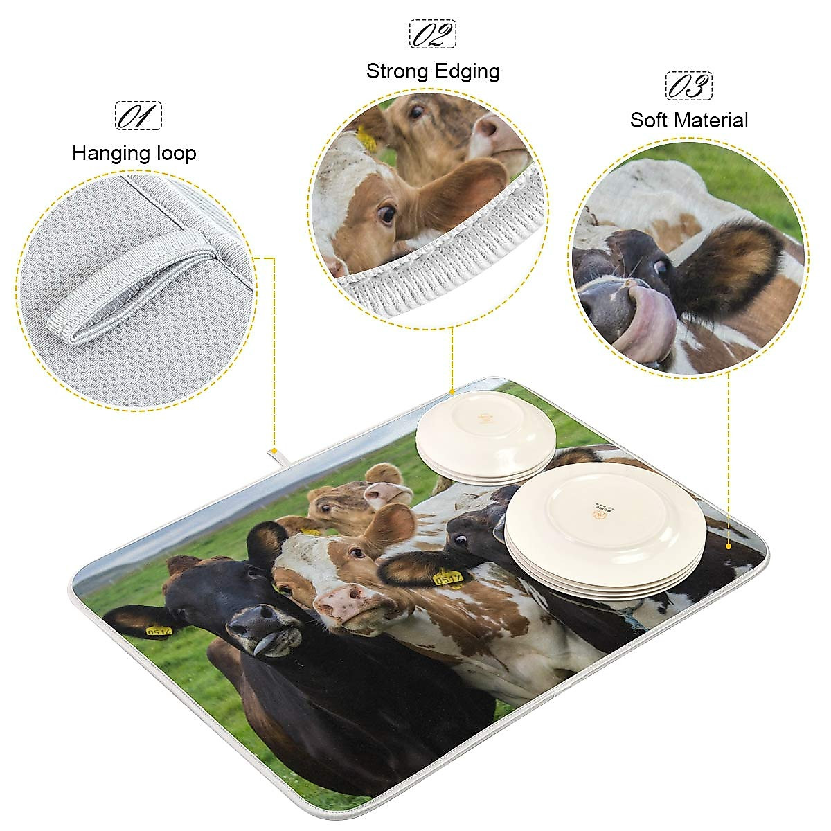 Kitchen Dish Drying Mat Farm Animal Cow Cattle Absorbent Washable Dish Drying Pad Drainer Rack Mat Heat Resistant Counter Protector for Glass Plate Cup Pan 18x24in