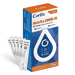 CorDx TyFast 10 Mins Flu A/B & Covid 19 Multiplex Rapid Test, Results in 10 Minutes—Precision Skip The 15 Wait, FDA Authorized, at Home 3 in 1 Combo Kit, 5 Tests, Use-Friendly & No Discomfort