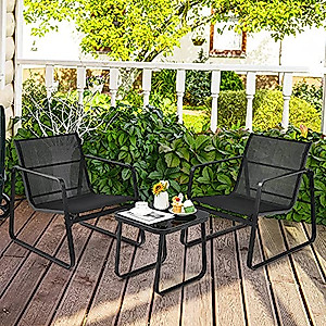 Tangkula 3 Pieces Outdoor Conversation Set, Patiojoy All-Weather Patio Furniture Set with Breathable Fabric and Steel Frame, Bistro Chat Set for Porch, Garden, Backyard (Black)