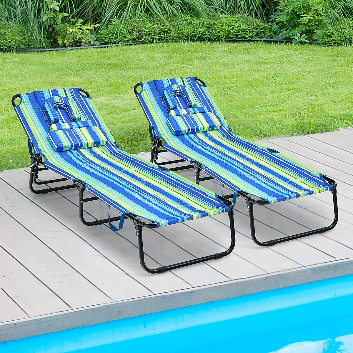 Tangkula Beach Lounge Chair, Folding Sunbathing Recliner with Face Hole, Face Down Tanning Chair with 5-Level Adjustable Backrest & 3 Removable Pillows, Chaise Lounge Chair for Patio (1, Stripe)