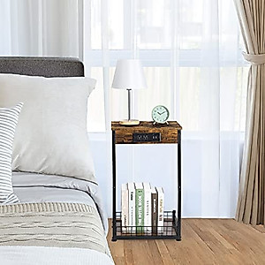 ABQ End Table with Charging Station & USB Ports, C Shaped TV Tray Table with Storage Shelf, Narrow Side Table for Laptop, Sofa, Living Room, Bedroom