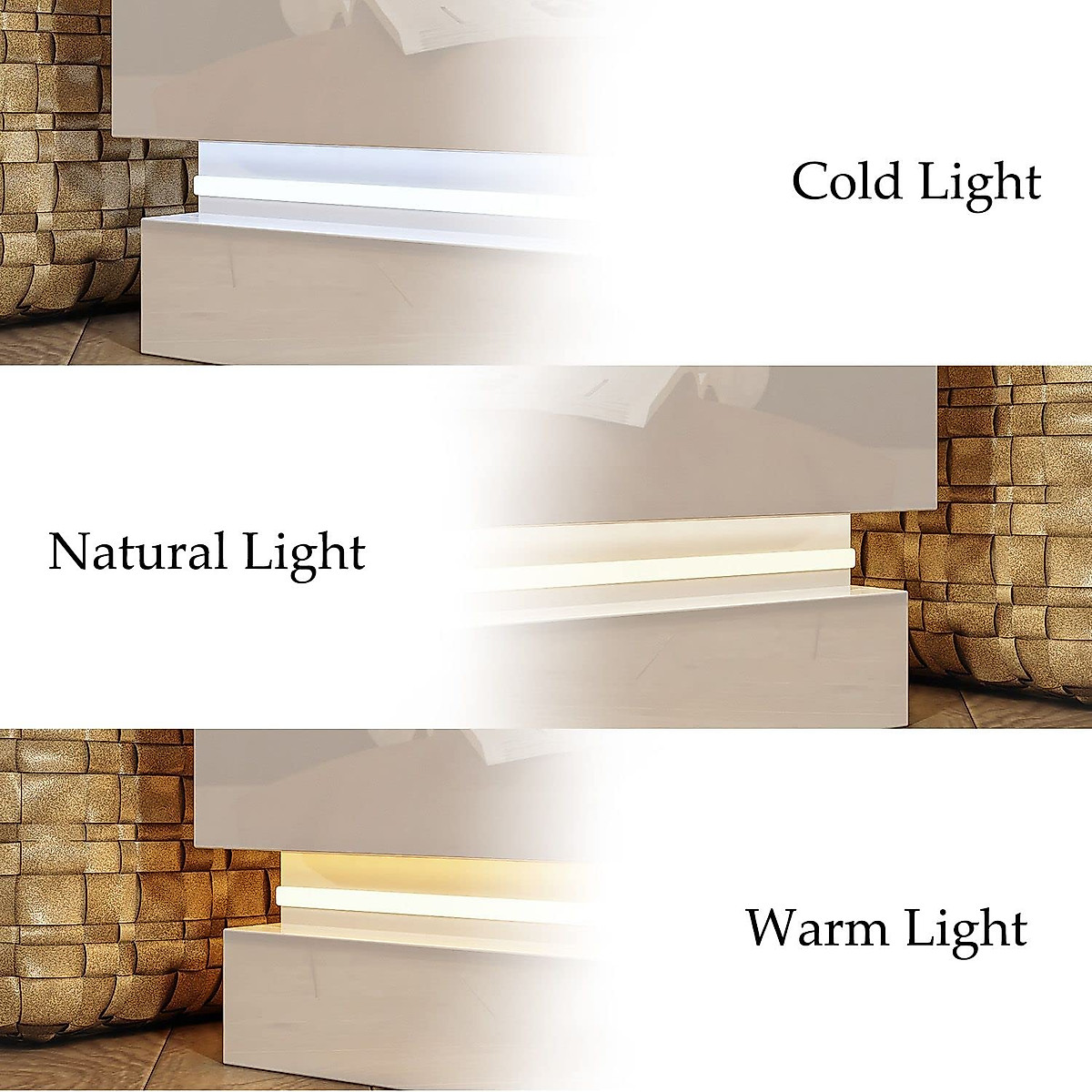 FAMAPY Modern TV Console Table with Lights & Glass Shelves, High Gloss TV Cabinet Media Console with Drawers and Doors, for Living Room White (66.9”W x 15.7”D x 17”H)