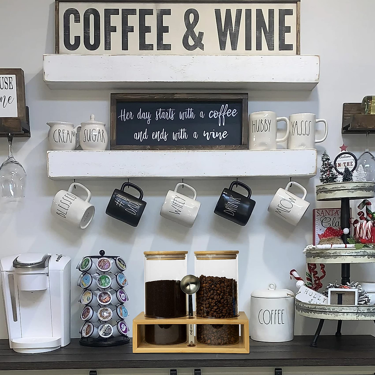 Glass Coffee Containers With Shelf, Coffee Bar Organizer And Accessories, Coffee Jars With Spoon, 2x 49oz Coffee Bean Storage Airtight Sealed Coffee Canister For Coffee Bean, Ground Coffee, Nuts