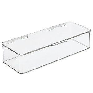 mDesign Long Plastic Cosmetic Storage Organizer Box Containers with Hinged Lid for Bedroom, Bathroom, and Vanity Shelf or Cabinet, Holds Masks, Palettes, Lotion, Astringents, or Nail Polish - Clear