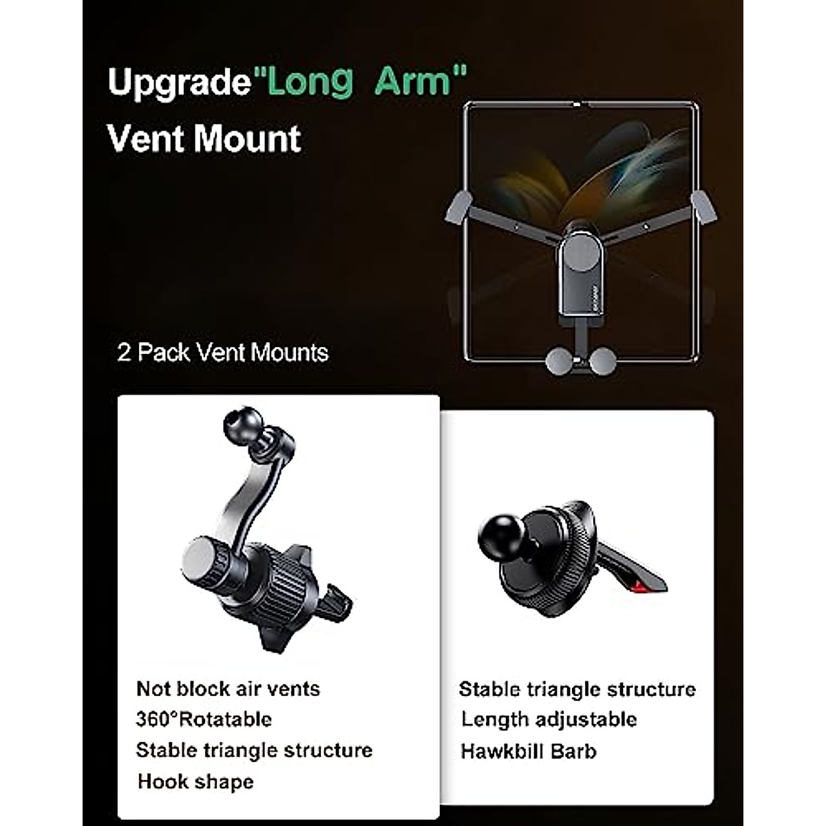 xuenair Z Fold 5 Car Mount, [2 Pack Hooks] Z Fold 4 Car Mount, Samsung Galaxy Z Fold 5 4 3 Car Mount [Fit Thick Case] Car Vent Clip for Z Fold 5 4 3 2 s23 22 21 Ultral Google Pixel Fold iPhone