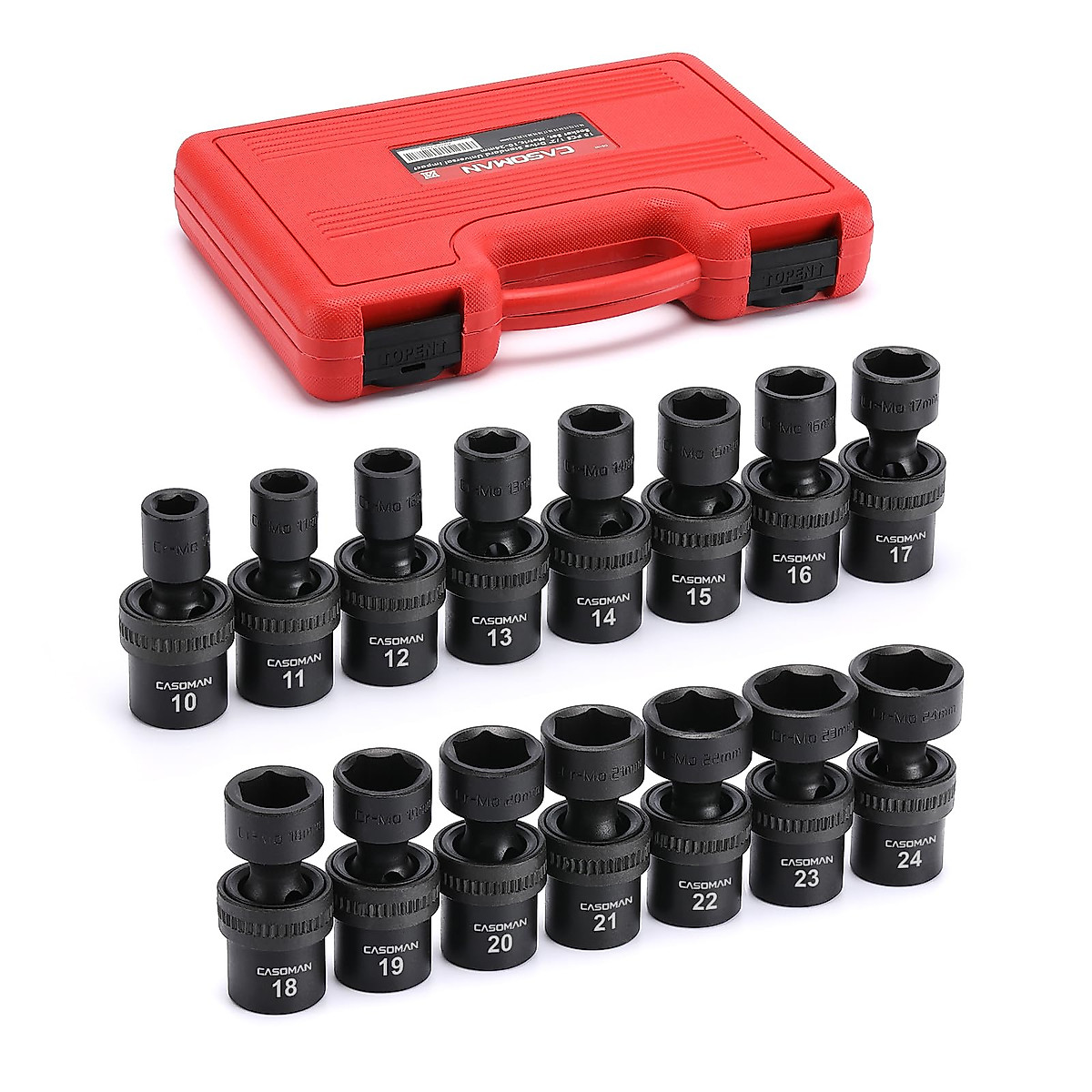 CASOMAN 15 PCS 1/2" Drive Standard Universal Impact Socket Set, 6 Point, Metric,10-24mm