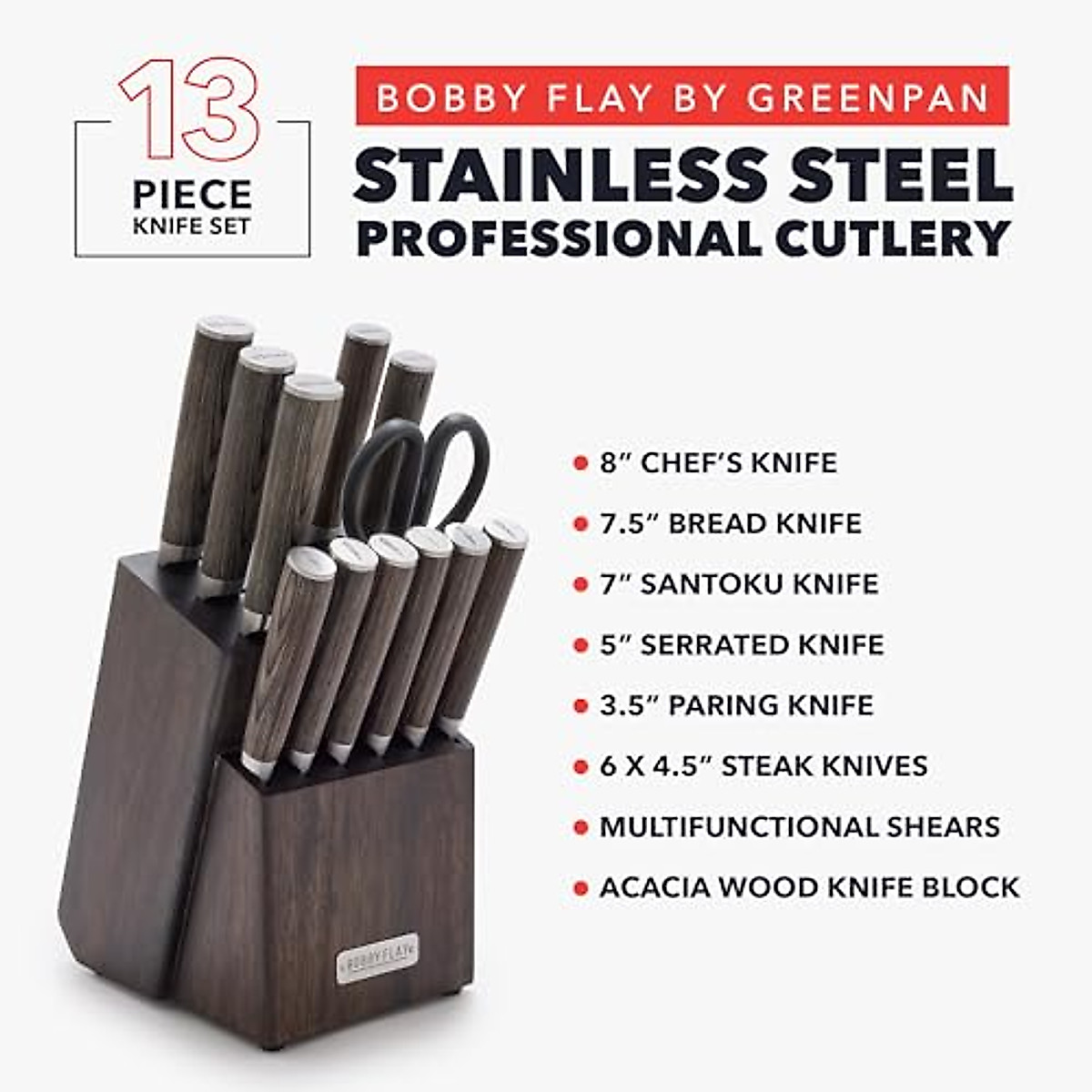 GreenPan x Bobby Flay 13 Piece Stainless Steel Cutlery Kitchen Knife Block Set, Premium Stainless Steel Blades, Acacia Wood Knife Block, Hand Finished Wood Handle, Damascus Steel Design