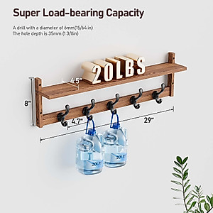 Tatub 29'' Coat Rack Wall Mount with Shelf, Wood Wall Hooks with Storage, Entryway Shelf with 5 Hangers for Bathroom, Living Room, Bedroom, Rustic Brown