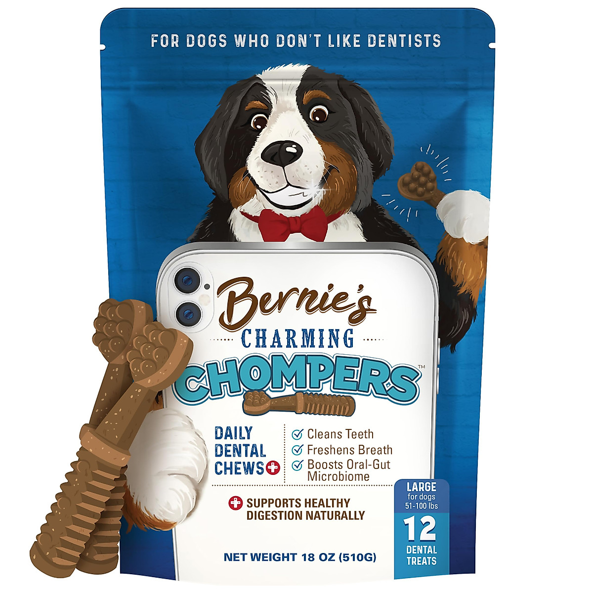 Bernie's Charming Chompers - Daily Dental Chews for Dogs 50-100 Lbs. - 12 Count - Cleans Teeth, Freshens Breath, + Boosts Oral-Gut Microbiome. Easy to Digest, Supports Healthy Digestion Naturally