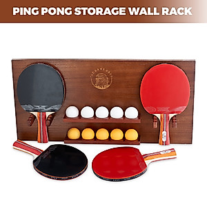 THE HAWK HAUS Wooden Ping Pong Paddle Storage Wall Rack Table Tennis Racket Display Organizer Ping Pong Paddle Ball Holder Wall Mounted Home Garage Office Game Room Valentine's Birthday Gifts