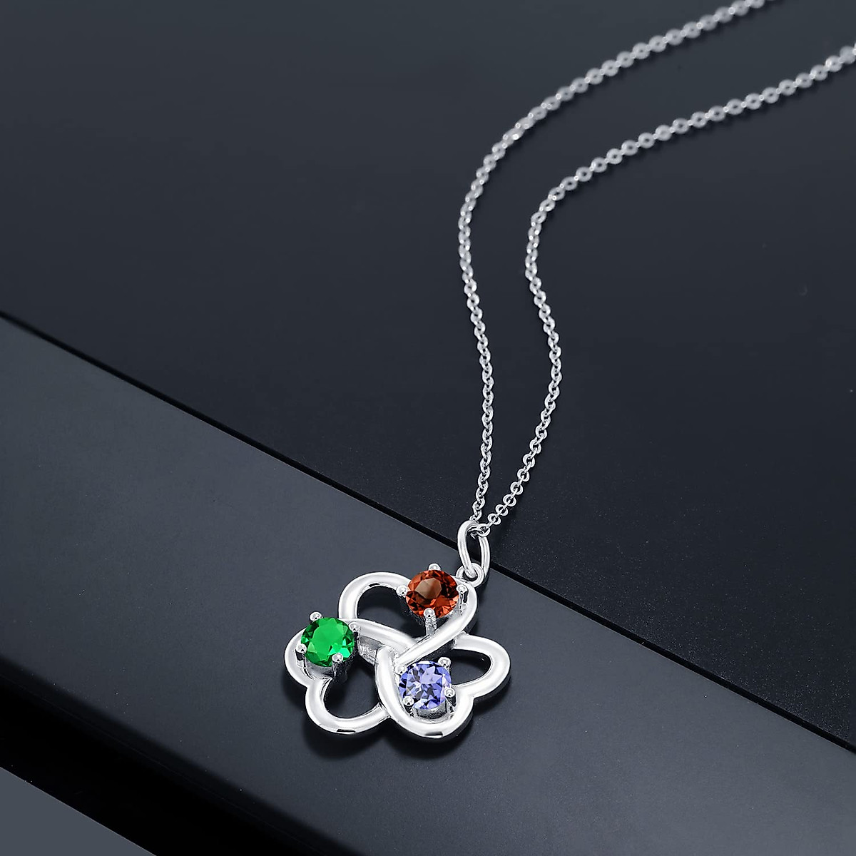 Gem Stone King 925 Sterling Silver 4MM Round Gemstone Birthstone 3 Hearts Interlock Pendant Necklace For Women with 18 Inch Silver Chain