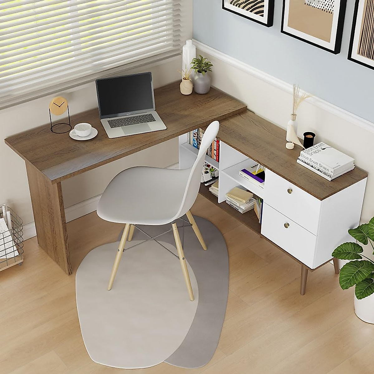 Madesa Modern L Shaped Desk 59 Inch with 2 Drawers and 4 Storage Shelves Home Office Corner Study Table Unit for Kids and Adults - White/Brown