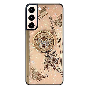 for Samsung Galaxy S22 Case for Women with Ring Stand,Luxury Bling Diamond Pearl Hard Back Cute Butterfly Flower Design,Soft Rugged TPU Bumper Gold Plating Mirror Strip Phone Cover for S22 Pink