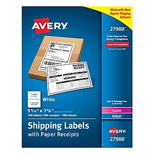 Avery Printable Shipping Labels with Paper Receipts, 5-1/16" x 7-5/8", White, 100 Blank Mailing Labels (27900)