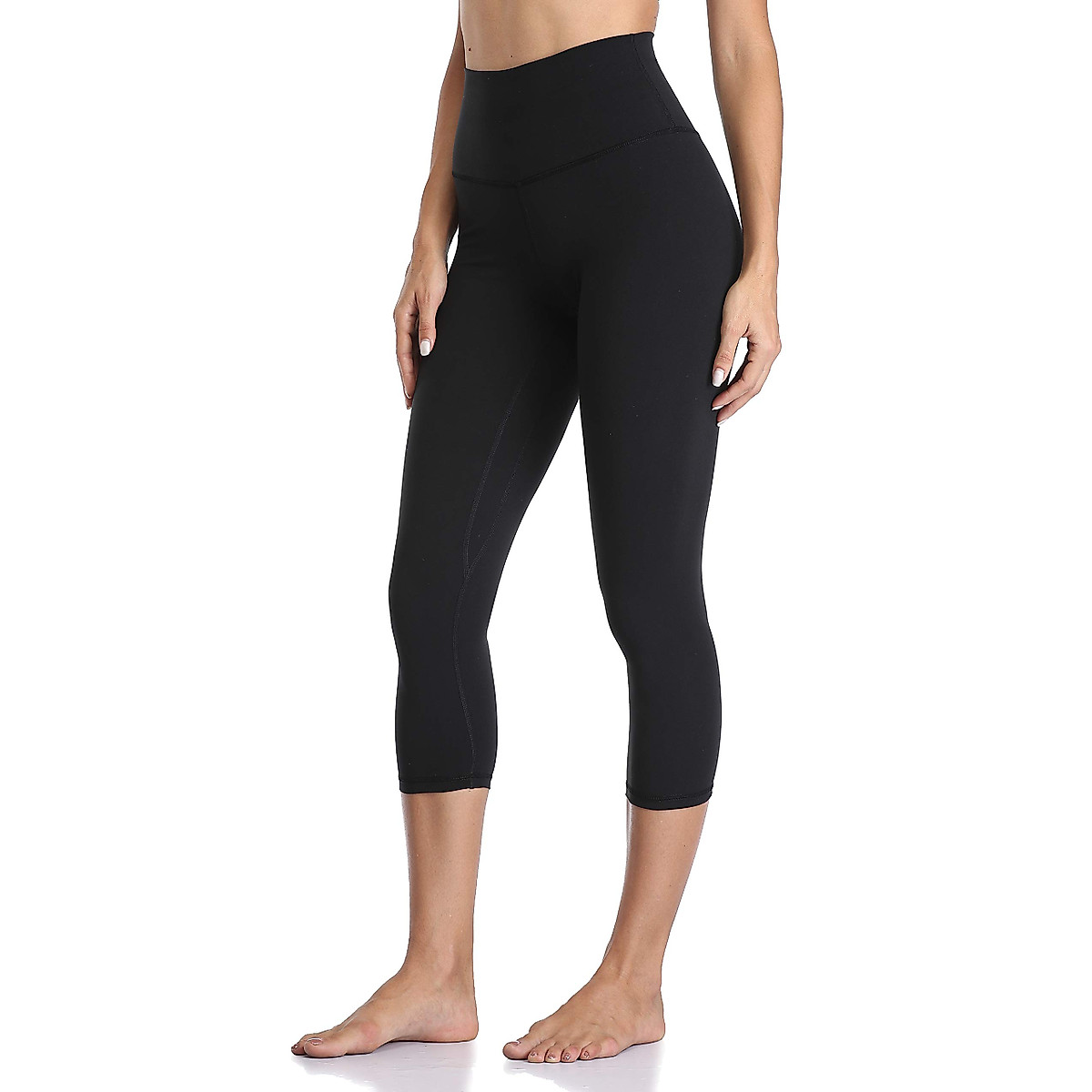 YUNOGA Women's Buttery Soft 21" Inseam Yoga Pants, High Waisted Tummy Control Workout Running Capri Leggings (L, Black)