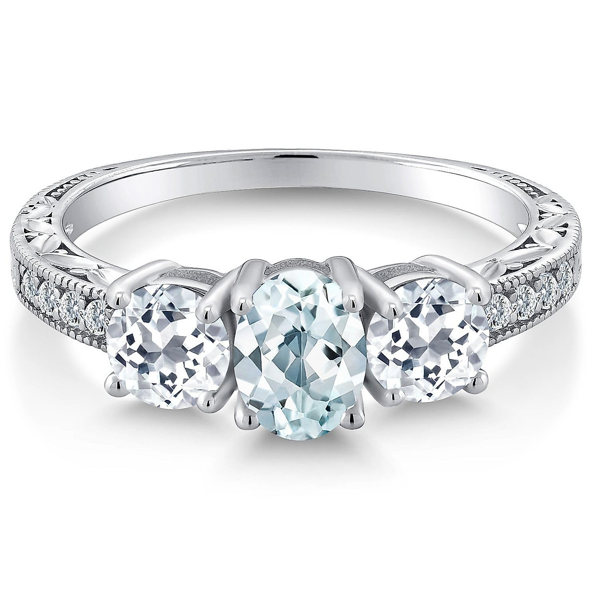 Gem Stone King 925 Sterling Silver Sky Blue Aquamarine and White Topaz 3-Stone Women Ring (2.07 Ct Oval, Available in size 5, 6, 7, 8, 9)