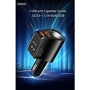 LIHAN Car Charger Extension Cigarette Lighter Adapter,Socket Splitter 3 USB Ports and Voltage Meter,fit for 12V/24V Automobile Outlet,Compatible with iPhone 14,13,12,iPad,Samsung(BlackQC3.0)