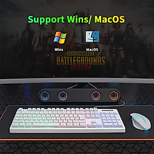 HUO JI White Gaming Keyboard USB Wired with Rainbow LED Backlit, Floating Keys, Mechanical Feeling, Spill resistant, Ergonomic for Xbox, PS Series, Desktop, Computer, PC