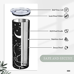 Srucddu 20oz Black Cat Moon Cat Insulated Tumbler With Lid And Straw, 3d Print Vacuum Cat Travel Mug Stainless Steel Coffee Tumbler Cup, Cat Gifts Cat Lover Tumbler for Cat Mom Women Girl