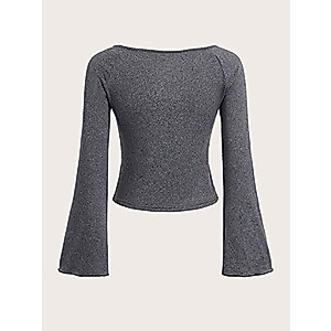 SOLY HUX Women's Rhinestone Heart Print T Shirt Bell Long Sleeve Fitted Y2K Tee Tops Solid Grey L