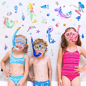 4 Sheets Mermaid Wall Decals Mermaid Wall Stickers Colorful Gouache Mermaid Decal for Girls Kids Bedroom Nursery Classroom Birthday Party Peel and Stick Wall Decals