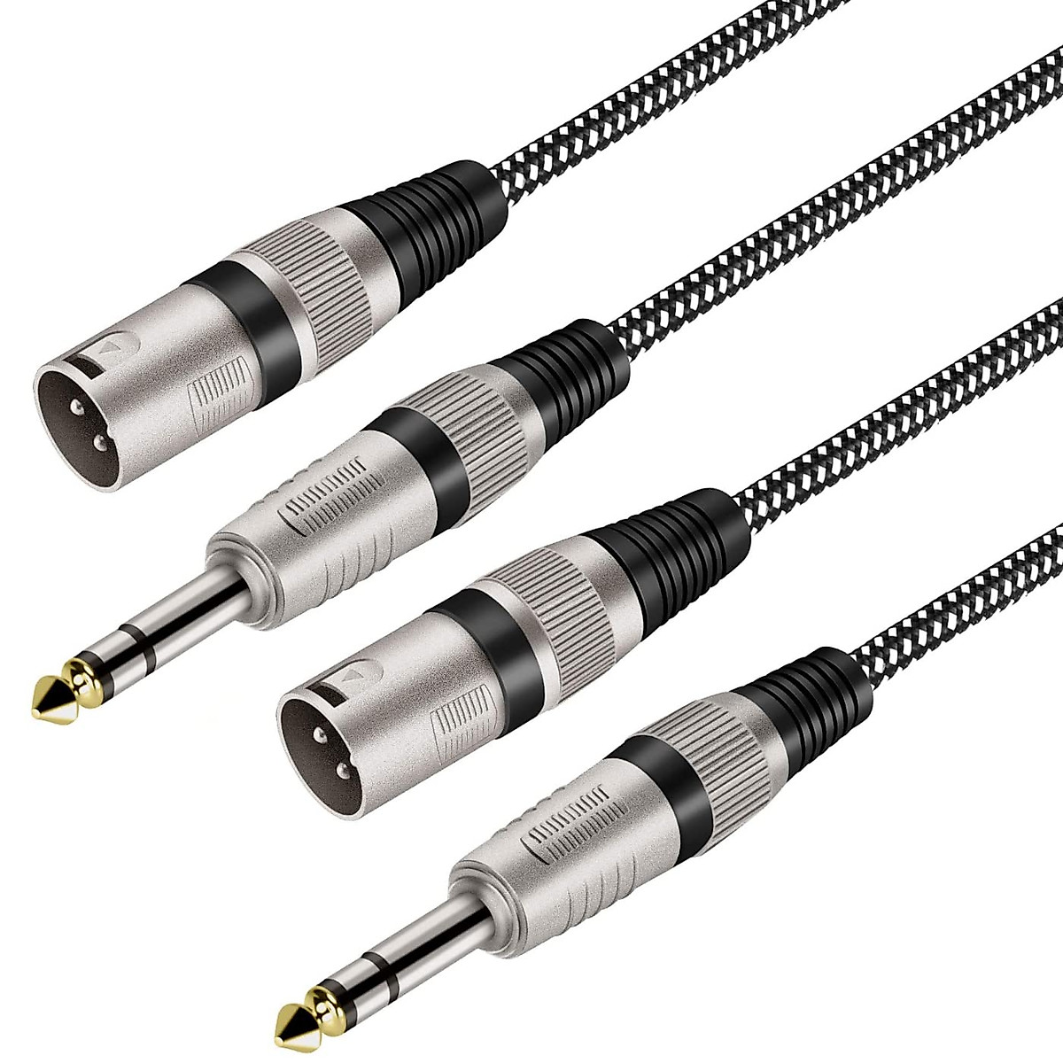 KINXIYU XLR Male to 1/4 Inch TRS Cables 10 FT/2Pack, Nylong Braided XLR 3 Pin Male to Quarter inch 6.35mm TRS Male Balanced Interconnect Wire Mic Cord (Pure Copper Conductors)