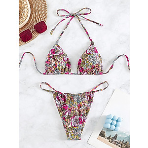 WDIRARA Women's 2 Piece Set Floral Print Tie Backless Swimwear Halter Bikini Swimsuit Floral Pink L