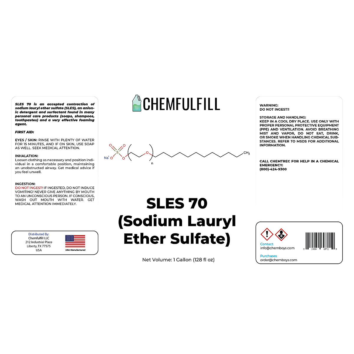 Chemfulfill Sodium Lauryl Ether Sulfate 70% – SLES 70% (SLES70) (Gallon (128 fl oz))