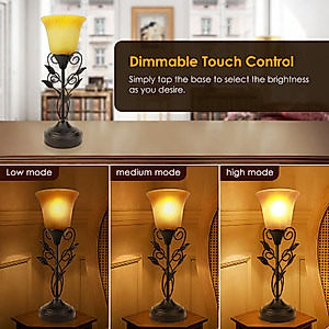 Touch Table Lamps for Bedroom, Bedside Lamps with USB Ports, 3-Way Dimmable Decorative Nightstand Lamp Rustic Leaf Torchiere Glass Flower Lamp for Living Room Dresser (Bulbs Included)