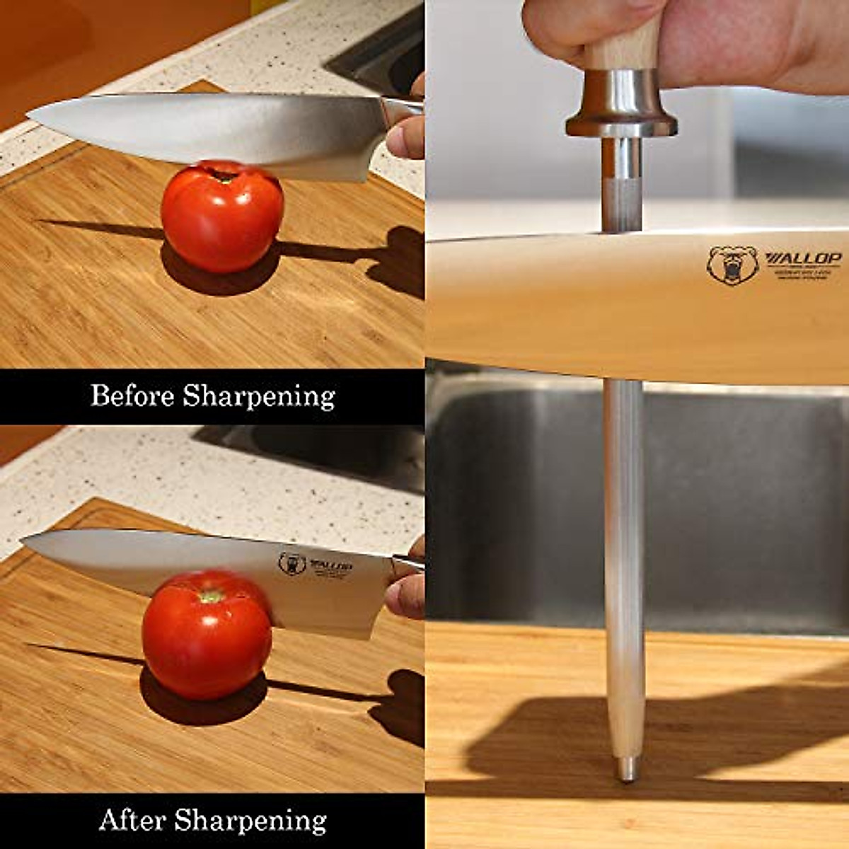 WALLOP Honing Steel - Kitchen Knife Sharpener Rod 8 inch - German HC Stainless Steel Honing Steel for Honing Chef Knife Blades - Natural Pakkawood Handle with Gift Box