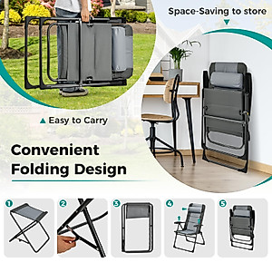 GYMAX Patio Chairs with Ottomans, Outdoor Recliner Set of 2 with 7-Level Backrest, Armrest, Detachable Headrest & Back Pocket, Padded Folding Camping Lounger for Lawn Balcony Backyard (2)