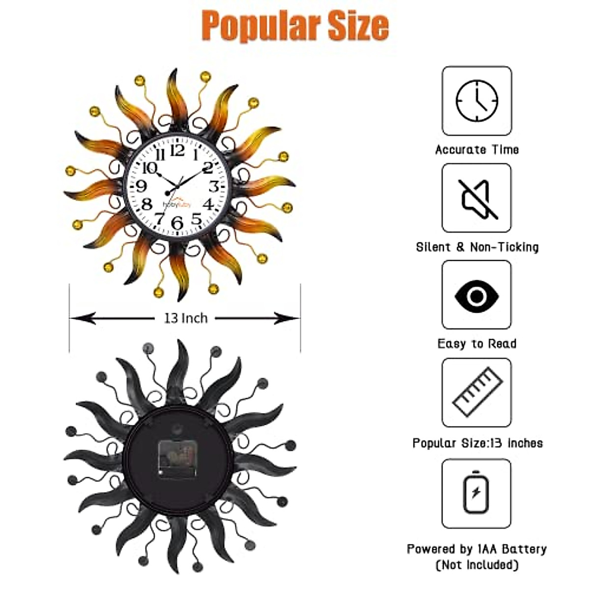 HOBYLUBY 13'' Sun Outdoor Clock, Metal Outdoor Wall Clock Silent Non-Ticking for Patio, Kitchen, Living Room