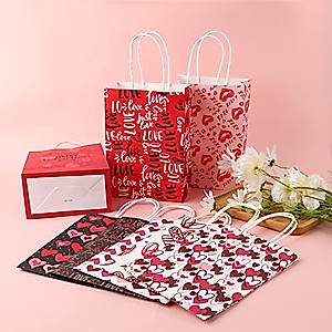 Valentine Day Gift Bags, 16pcs Valentines Paper Bags with Handles Love Heart Patterns Cookie Candy Bags Valentine Day Party Supplies for Kids Classroom Exchange Presents (8 Styles)