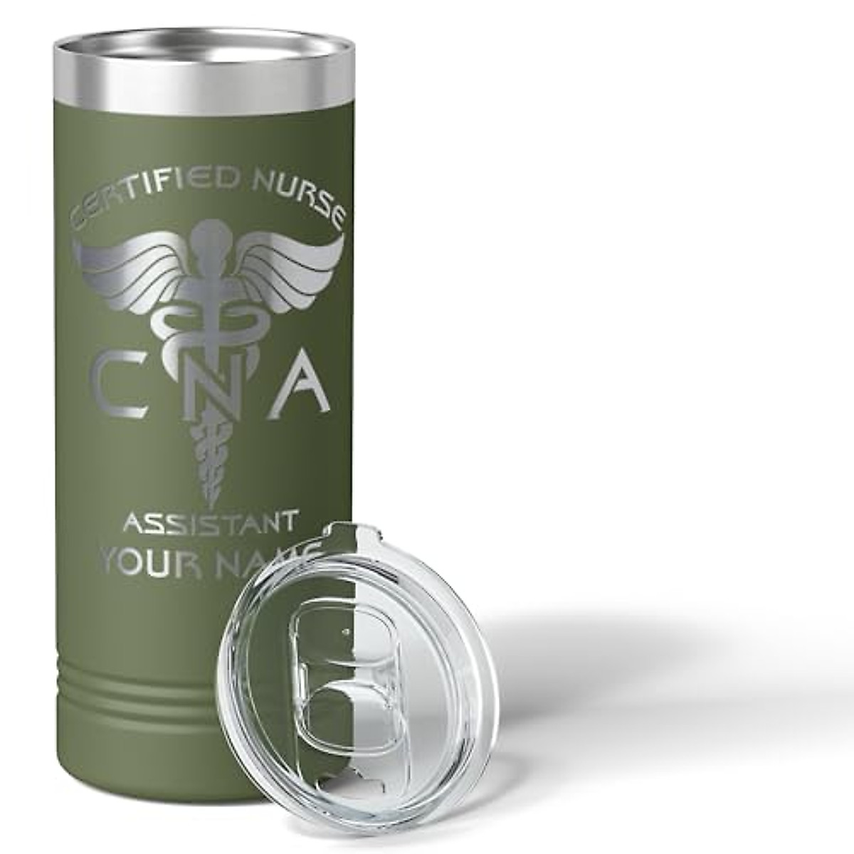Personalized CNA Certified Nurse Assistant Gift on Army Green 22 oz Stainless Steel Skinny Tumbler Custom Engraved Gifts for Men and Women