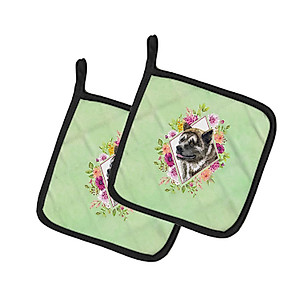 Caroline's Treasures CK4273PTHD Akita Green Flowers Pair of Pot Holders Kitchen Heat Resistant Pot Holders Sets Oven Hot Pads for Cooking Baking BBQ, 7 1/2 x 7 1/2