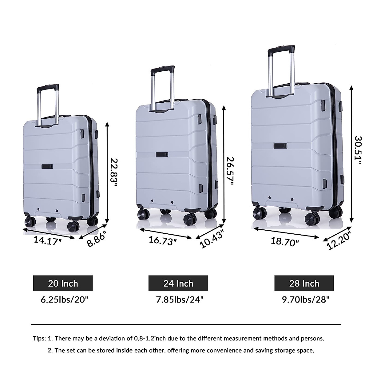Tripcomp Luggage Sets Hardshell Travel Durable Suitcase Sets with Spinner Wheels TSA Lock, Carry-on,Luggage 3piece Set (20inch/24inch/28inch) (Silver)