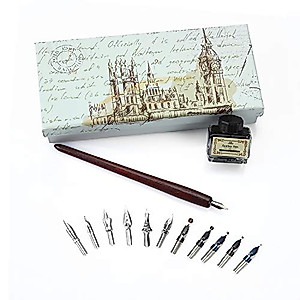 Wooden Quill Pen wiht Ink Set Handcrafted Wooden Callgraphy Pen Writing Dip Ink Pen Gift Set with 11pcs Metal Pen Nibs &Black Ink