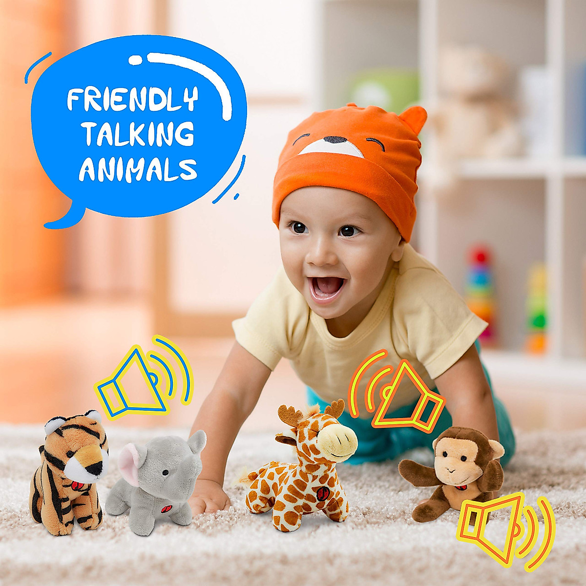 Hoovy Plush Jungle Animals Toy Set (5 Pcs) with Carrier for Kids|Stuffed Monkey, Giraffe, Tiger & Elephant|Great for Boys & Girls