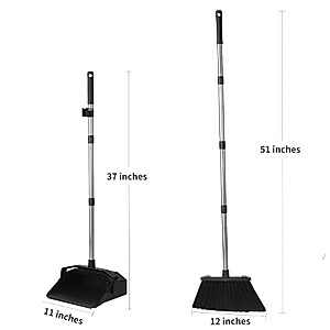 Tiumso Broom with Dustpan Combo Set 3-Pack, Brooms and Dustpans Sets with Long Handle, Industrial Broom and Dust Pan for Kitchen Shop Warehouse Lobby Patio Deck Garage - Black