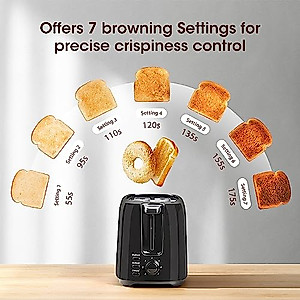 iSiLER 2 Slice Toaster, 1.3 Inches Wide Slot Bagel Toaster with 7 Shade Settings and Double Side Baking, Compact Bread Toaster with Removable Crumb Tray, Defrost Cancel Function Black