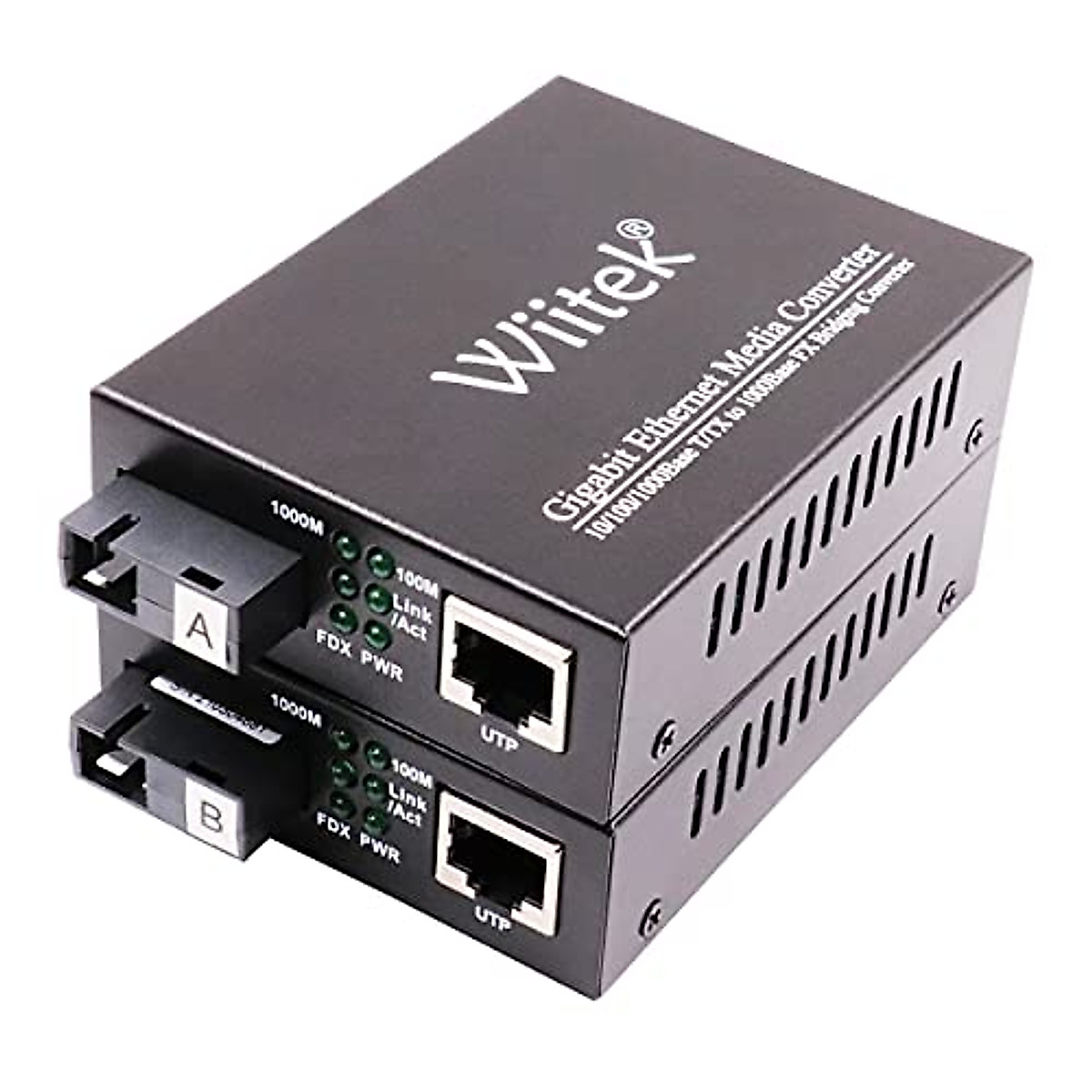Wiitek 10/100/1000M Fiber Ethernet Media Converter, 10/100/1000Base-T/TX to 1000Base-FX Gigabit Bridging Converter, Single Fiber BIDI SC, SM, 1310nm/1550nm 20km, 1 Pair(A&B)