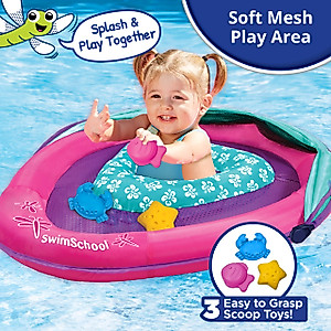 SwimSchool Deluxe Baby Pool Float with Adjustable Canopy - 6-24 Months - Baby Swim Float with Splash & Play Activity Center Safety Seat - Pink/Aqua