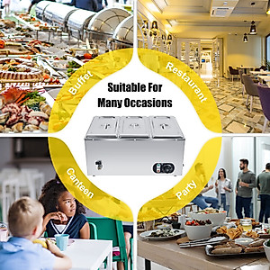 Electric Commercial Food Warmer 110V Buffet Food Warmer Stainless Steel Electric Countertop Steamer with Temperature Control, Tap and Lid for Catering Restaurant Parties (3 Pan)